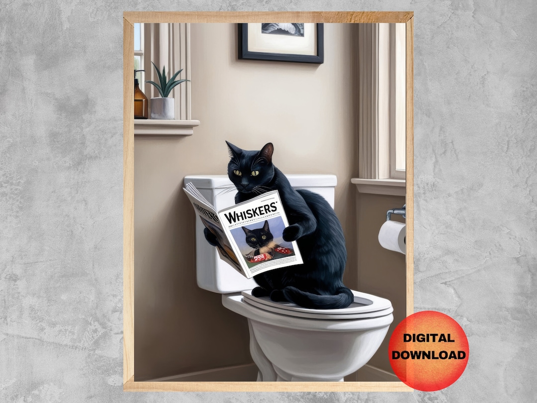 Black Cat Sitting on Toilet Reading, Funny Cat Bathroom Wall Art ...