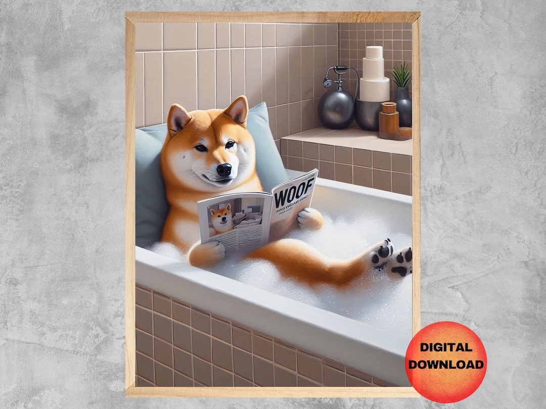 Shiba Inu in Bathtub Wall Art, Funny Dog Bathroom Printable, Shiba Inu ...