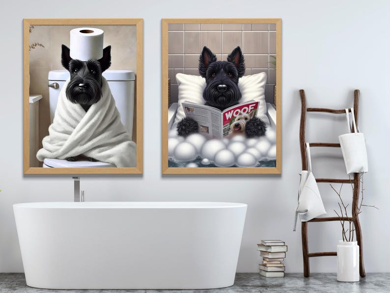 Funny SCOTTIE Dog on Toilet Poster, Scottie in Shower Wall Art ...