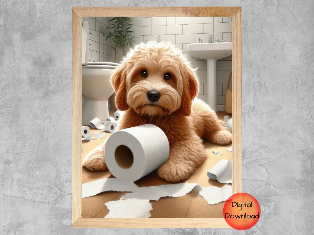 Cockapoo Funny Dog on Toilet Print, Cavapoo Bathroom Wall Art, Animal ...