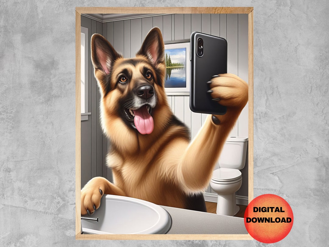 German Shepherd on Phone Wall Art, Funny German Shepherd Bathroom ...