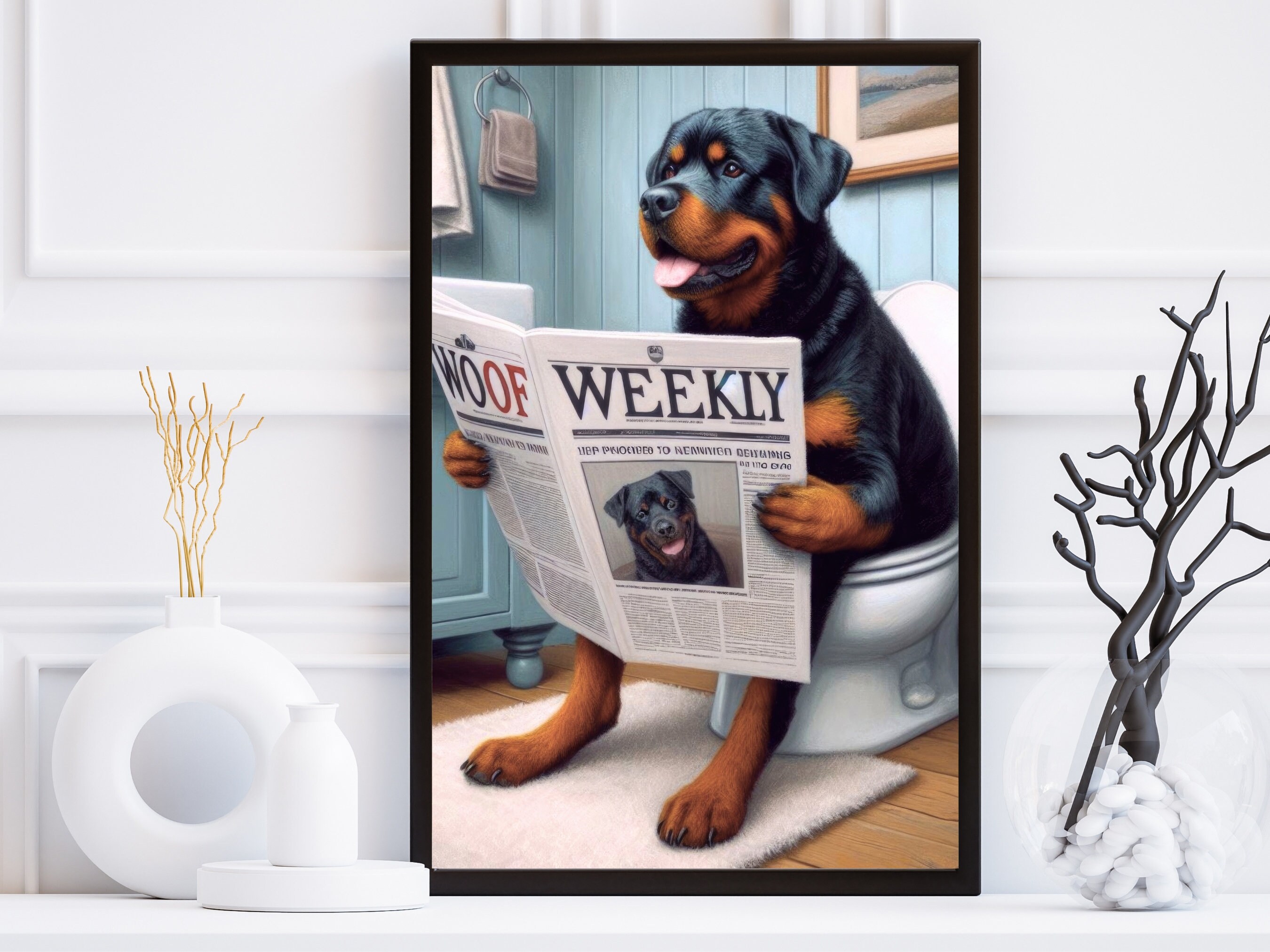 Rottweiler Sitting on Toilet Reading Newspaper, Rottweiler Bathroom Art ...