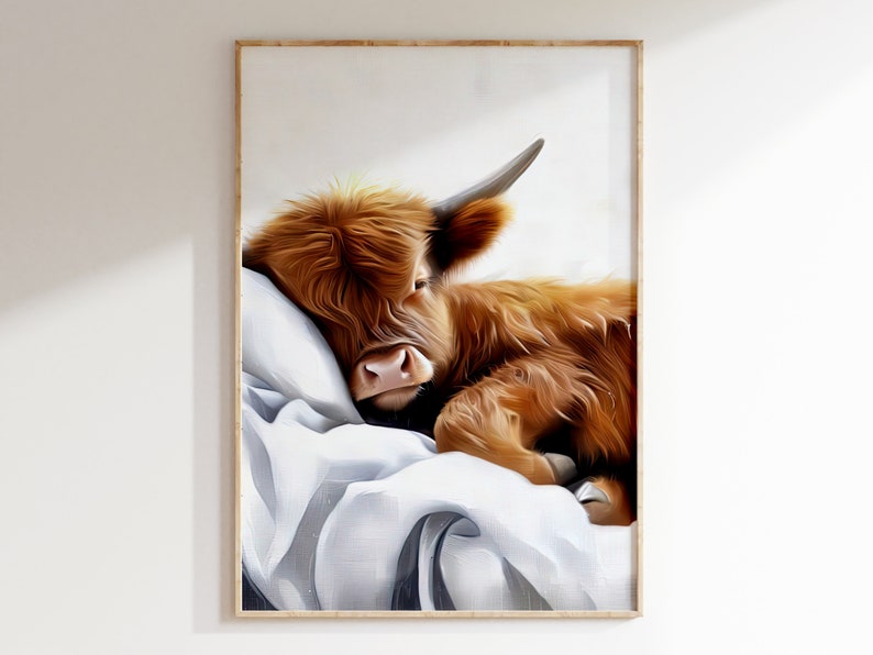 Highland Cow Sleeping Wall Art Whimsical Animal in Bed Print - Etsy