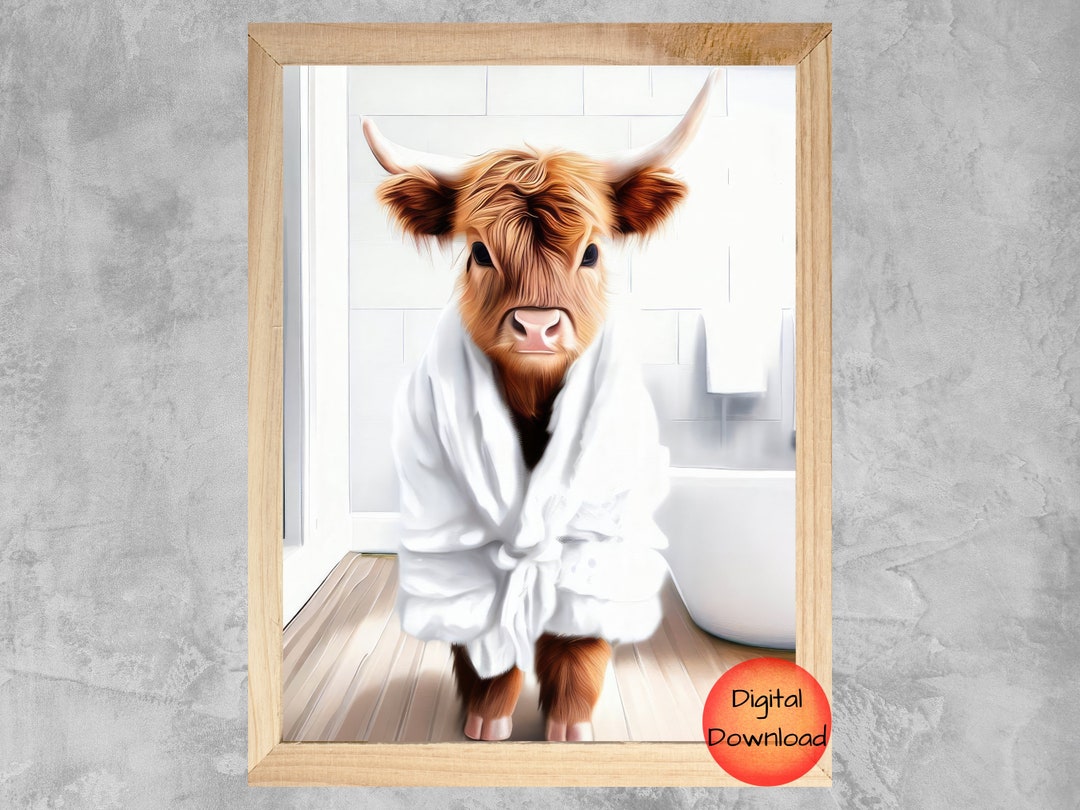Highland Cow Bathroom Wall Art, Baby Cow in Bathrobe, Funny Bathroom ...