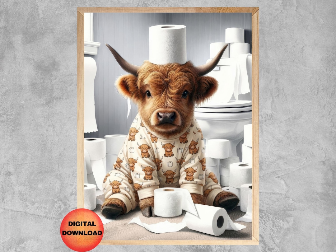 HIGHLAND COW Bathroom Humor Art, Scottish Cattle Guest Bathroom Poster ...