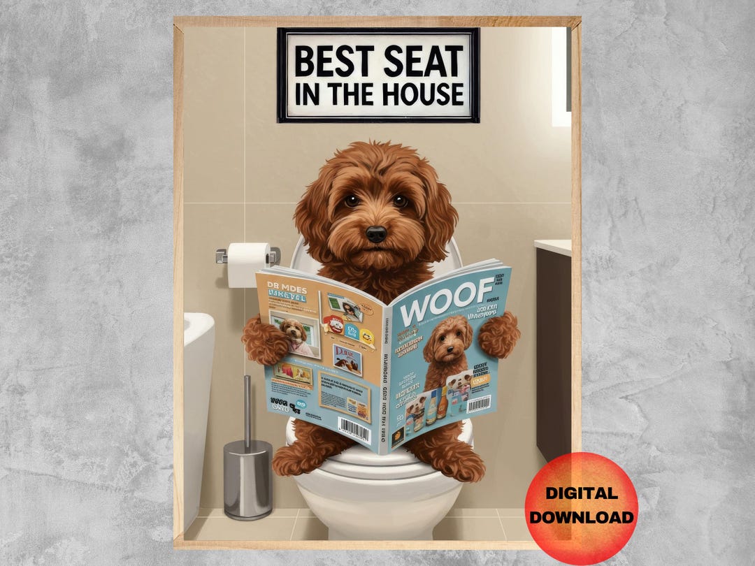 Red Cavapoo Sitting on Toilet Print, Funny Cockapoo Reading Magazine ...