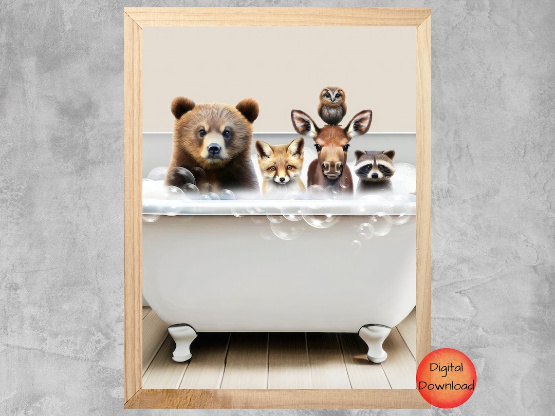 Woodland Animals Bathroom Wall Art, Quirky Kids Bathtub Art, Bear Fox ...