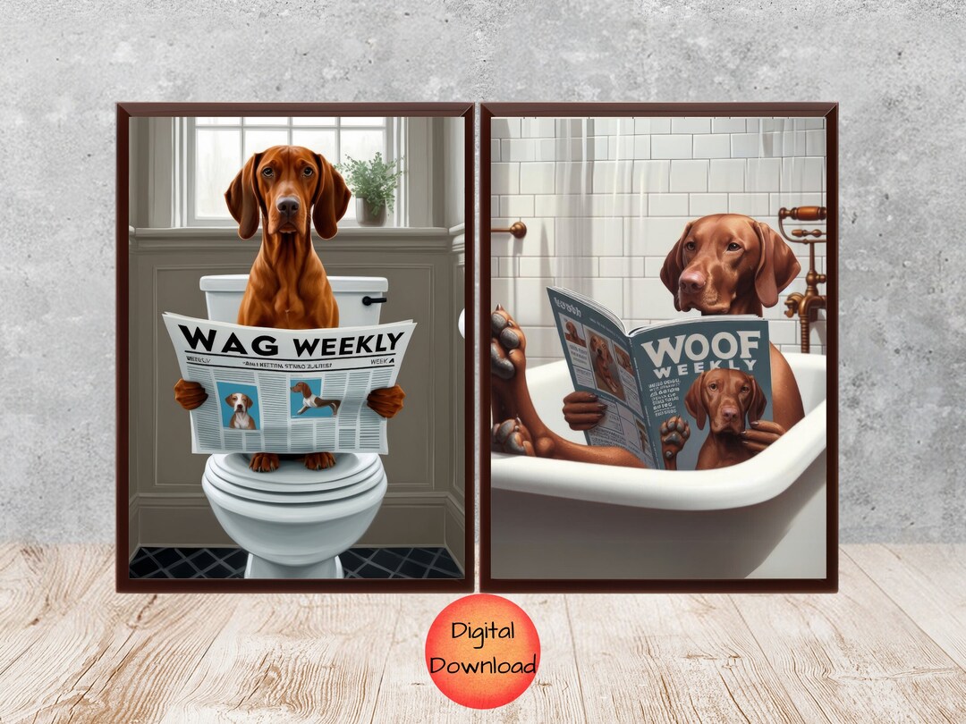 Vizsla Bathroom Wall Art Set of 2, Funny Vizsla in Bathtub Print ...