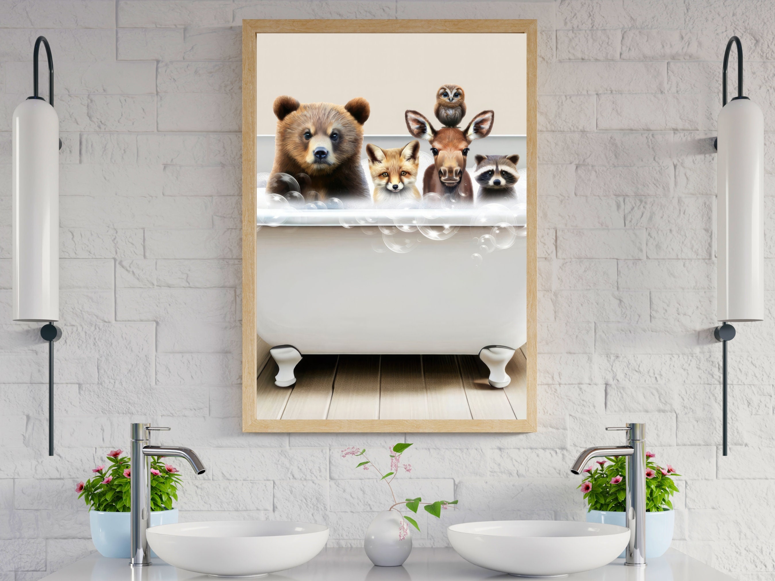 Woodland Animals Bathroom Wall Art Quirky Kids Bathtub Art - Etsy