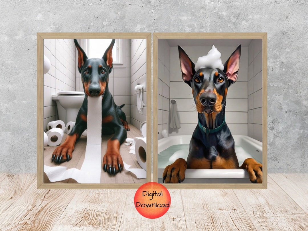DOBERMAN Funny Animal Toilet Art, Doberman Pinscher Bathroom Set of 2 ...