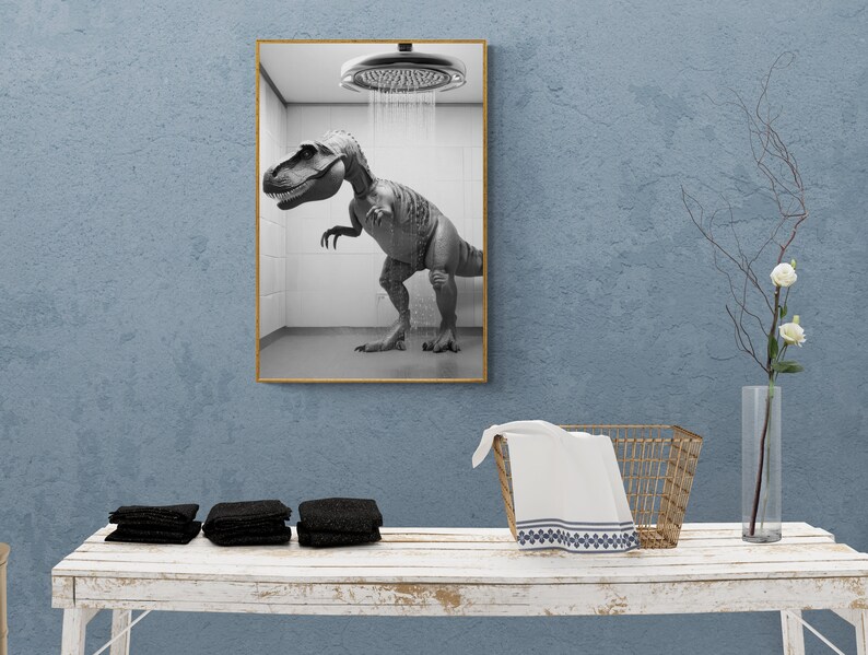 Funny T-rex Bathroom Wall Art, Dinosaur Theme Kids Room Print, Dino in ...