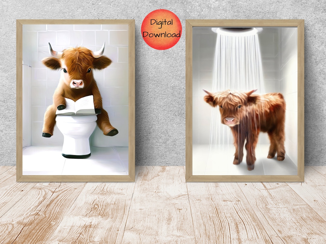 Whimsical Baby Highland Cows Bathroom Art, Cow Reading and Shower ...