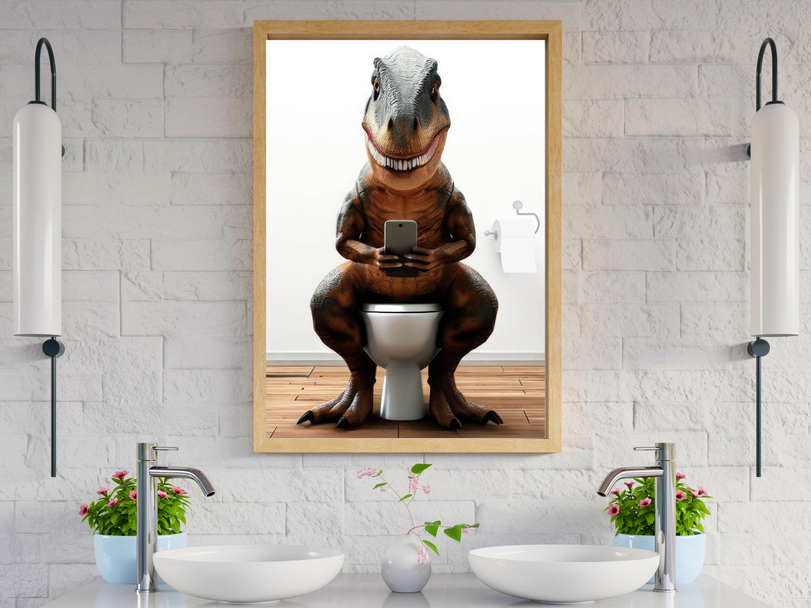 T-rex Bathroom Wall Art, Dinosaur on Toilet With Phone, Whimsical ...