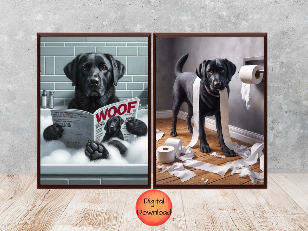 Black Labrador Bathroom Print Set of 2, Funny Labrador Toilet Paper ...