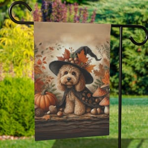 Cockapoo Fall Garden Flag, Autumn Cavapoo Halloween Witch Yard Flag, Vintage Cottage Core ...