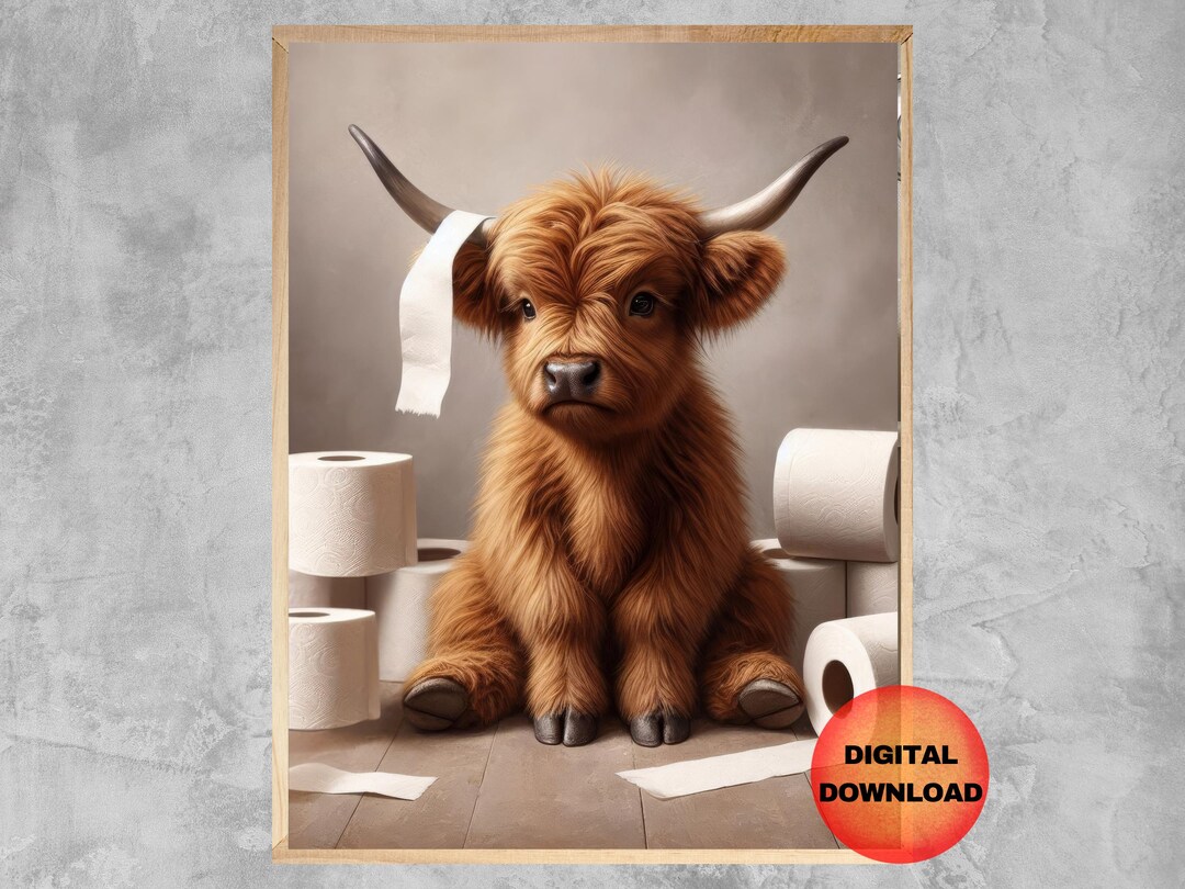 Funny Highland Cow Wall Art, Highland Cow Bathroom Print, Whimsy Cow ...