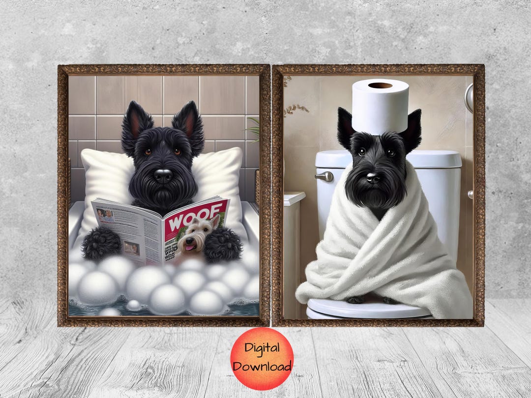 Funny SCOTTIE Dog on Toilet Poster, Scottie in Shower Wall Art ...