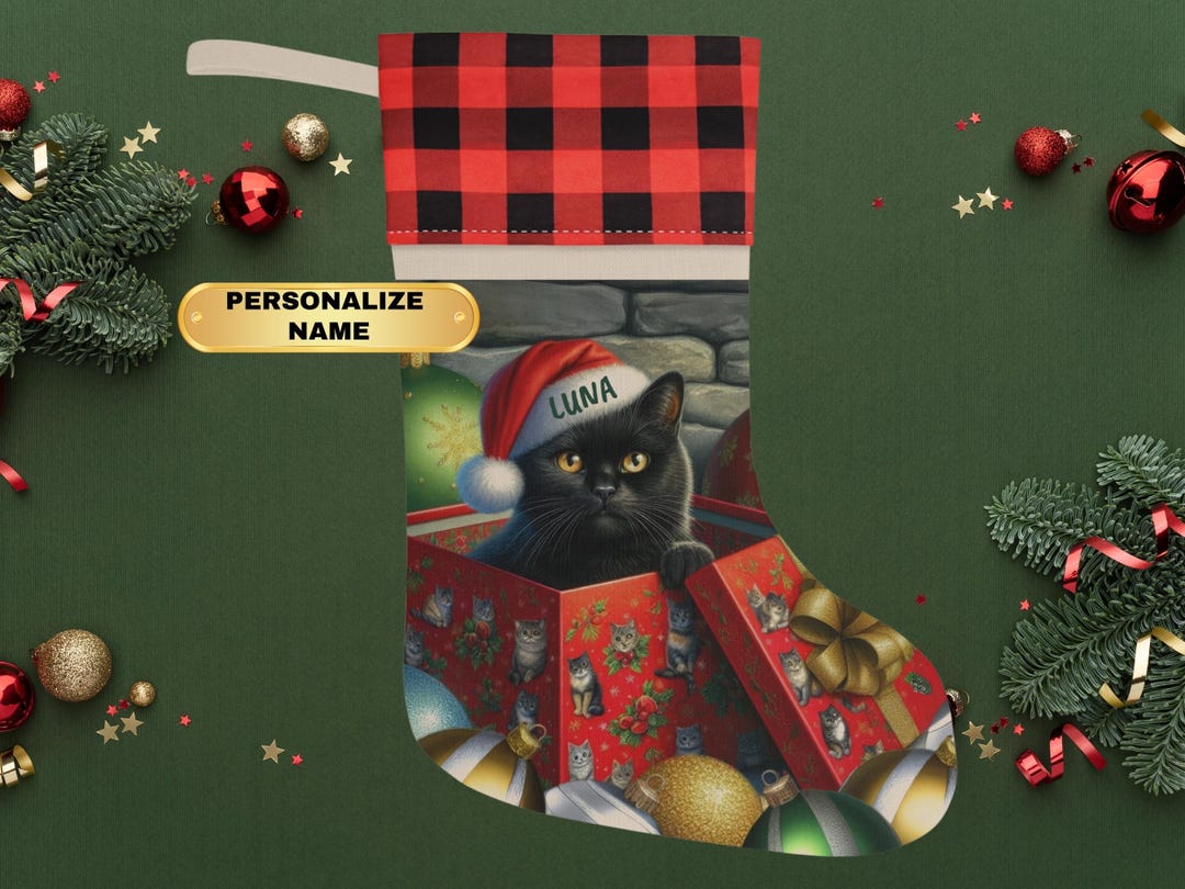 Custom BLACK CAT Christmas Stocking, Personalized Cat Stocking, Holiday ...