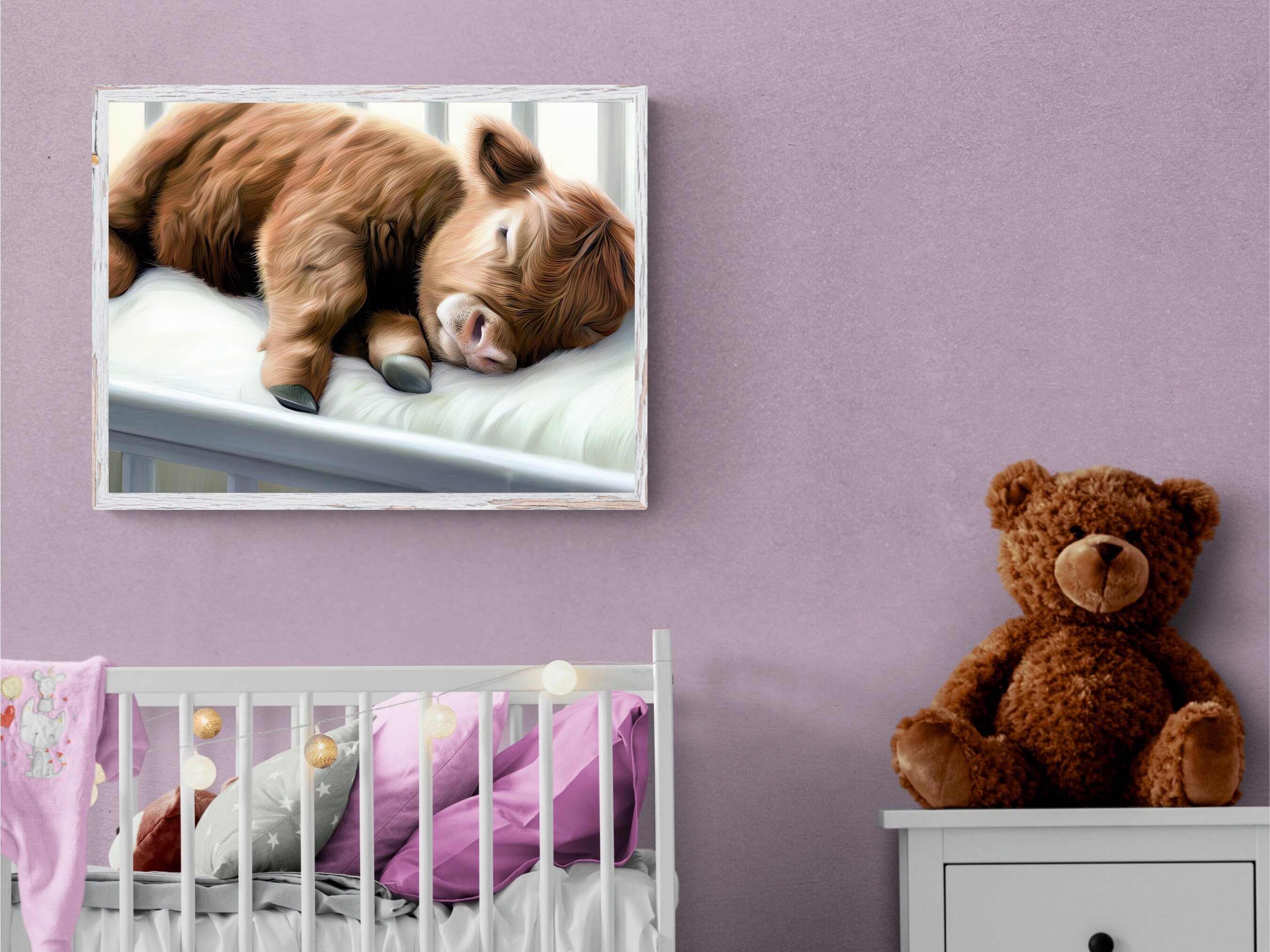 Highland Cow Sleeping Digital Print, Whimsy Cow in Crib Nursery Wall ...