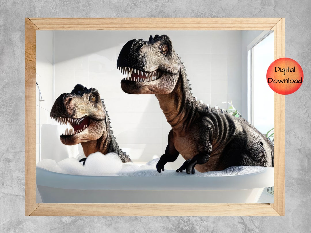 T-rex Bathroom Wall Art, Funny Dinosaur in Bathtub Poster, Fun Trex Mom ...