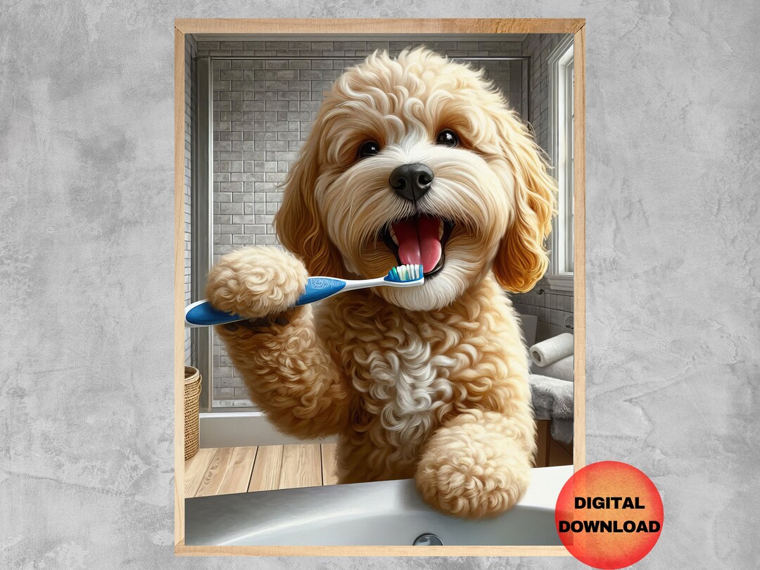 Cockapoo Bathroom Wall Art, Funny Cockapoo Brushing Teeth Poster ...