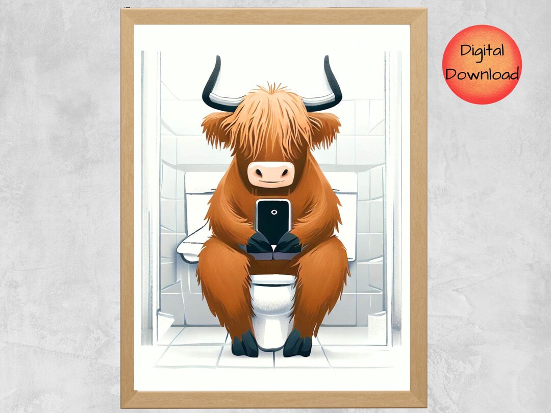 Highland Cow Bathroom Toilet Art, Whimsical Highland Cow on Toilet ...