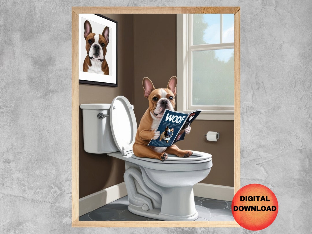 French Bulldog Bathroom Wall Art, Funny Fawn Frenchie on Toilet Poster ...