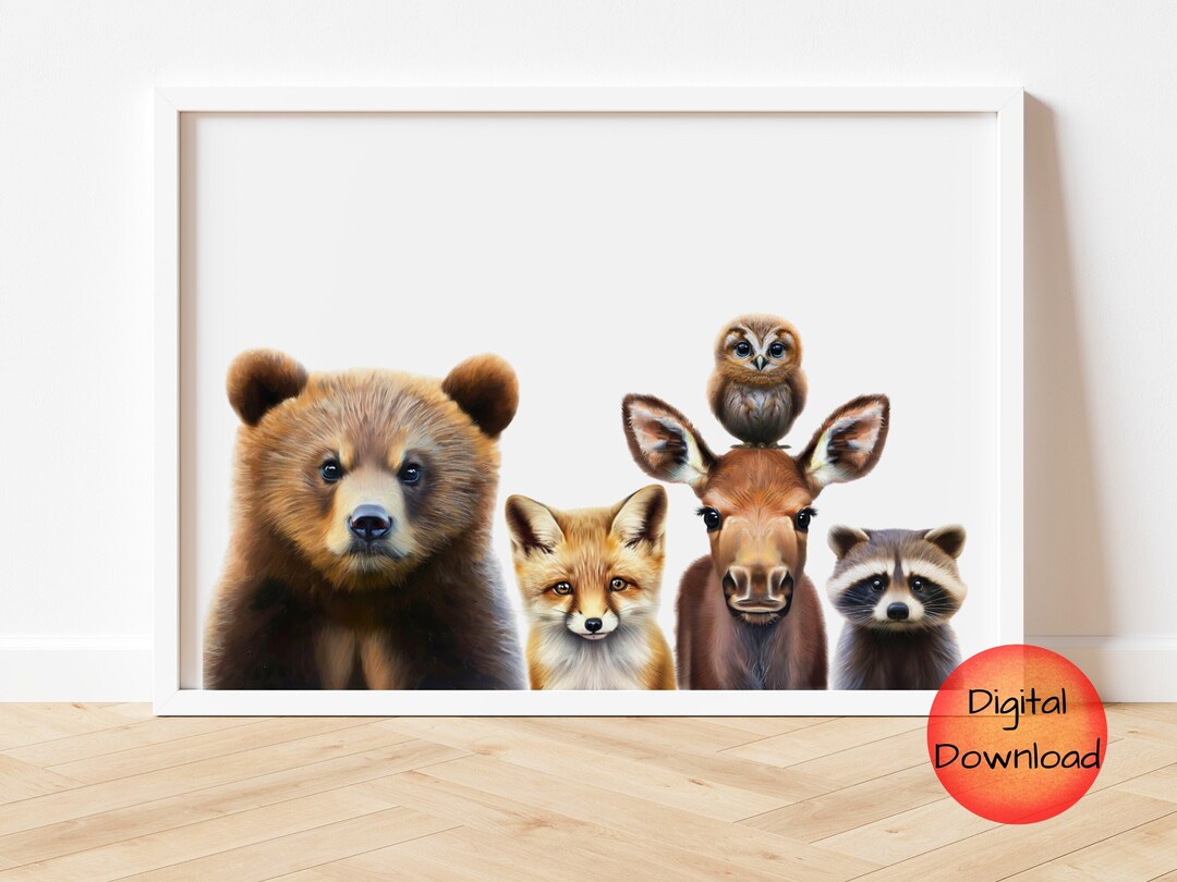 Woodland Animals PRINTABLE Wall Art, Bear Fox Raccoon Moose Owl, Cute ...