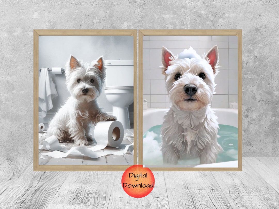 Westie Funny Dog in Bathtub Wall Art, West Highland Terrier Toilet Art ...