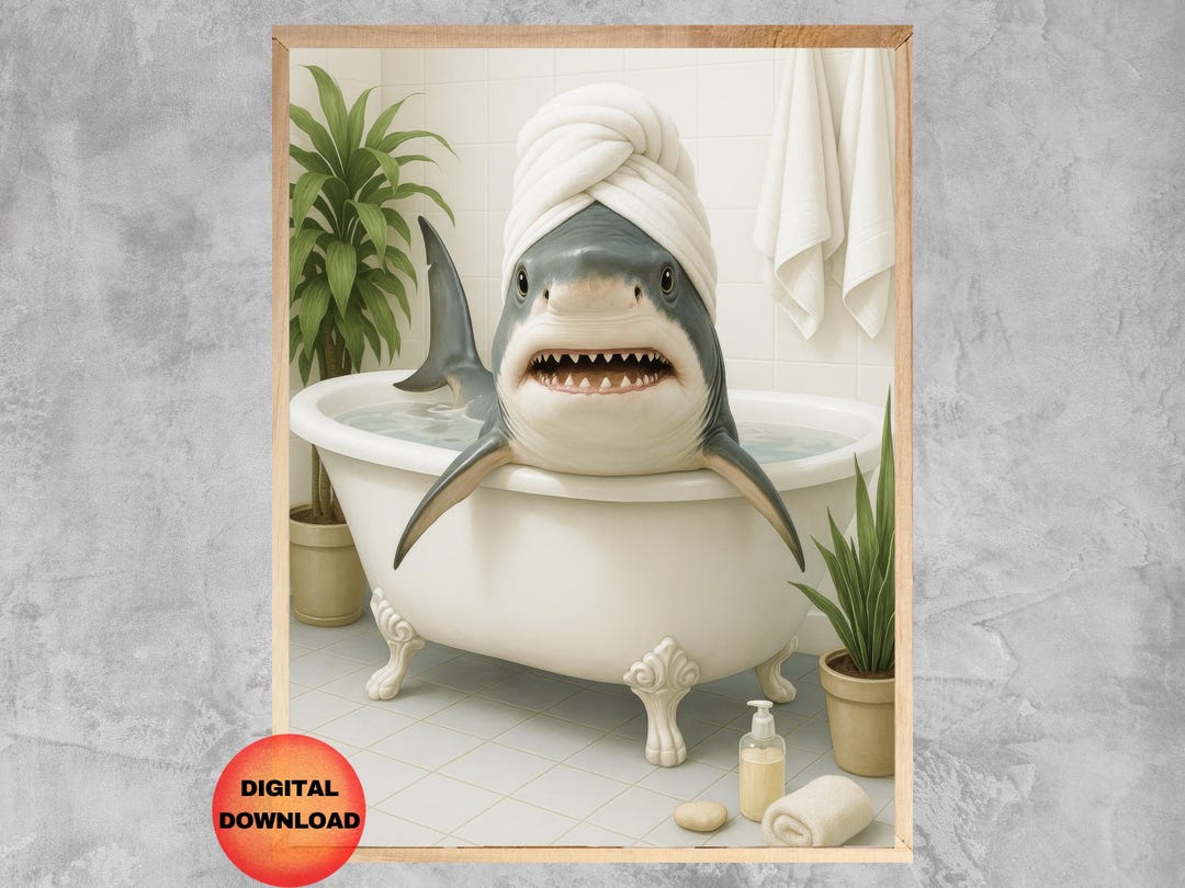 Shark Bathtub Wall Art, Funny Shark Bathroom Print, Kids Ocean Theme ...
