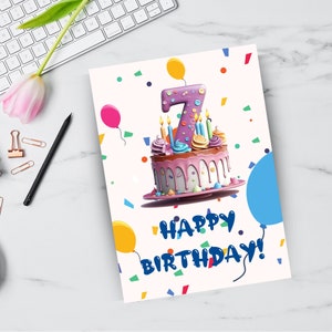 7th Birthday Cake Card, Printable Canva Template (5x7) (digital ...