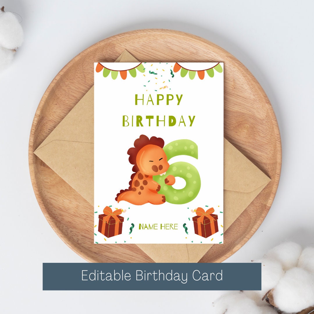 Dinosaur 6th Birthday Card, Editable Kids Card (printable) - Etsy