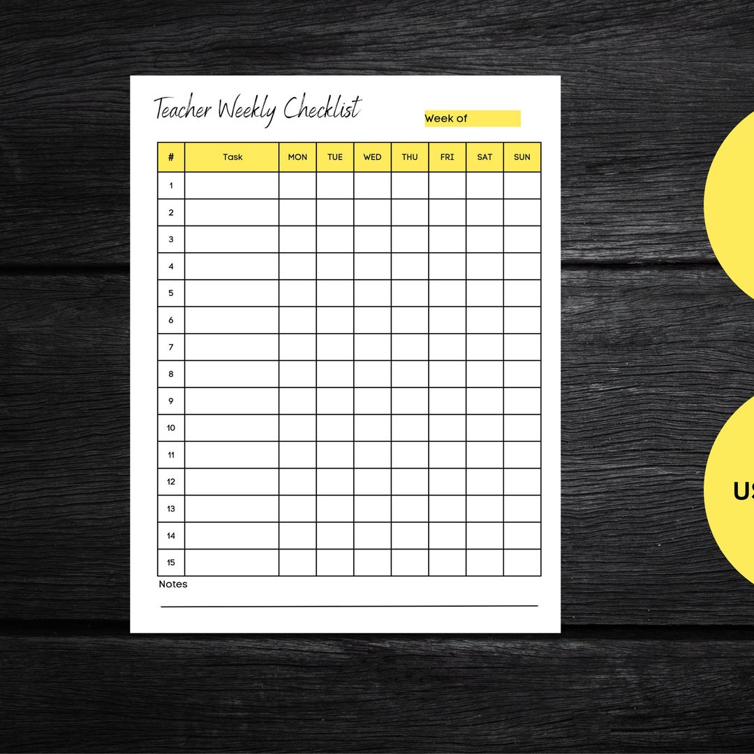 Teacher Weekly Checklist, Teacher Weekly Planner, Teacher Weekly ...