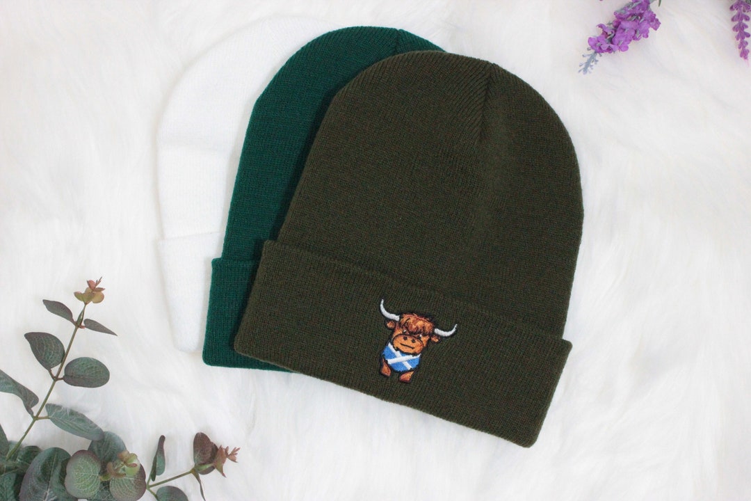 Scottish Highland Cow Embroidered Cuffed Beanie, Winter Hat - Multiple ...