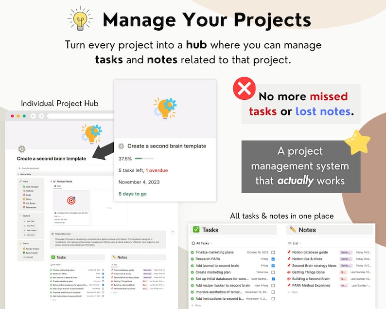 Plantilla de segundo cerebro de Notion, panel de control de Notion, plantilla de productividad ...