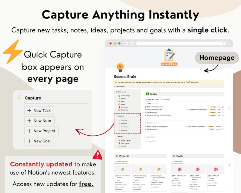 Notion Second Brain Template, Notion Dashboard, All-in-one Productivity Template, Notion Task ...