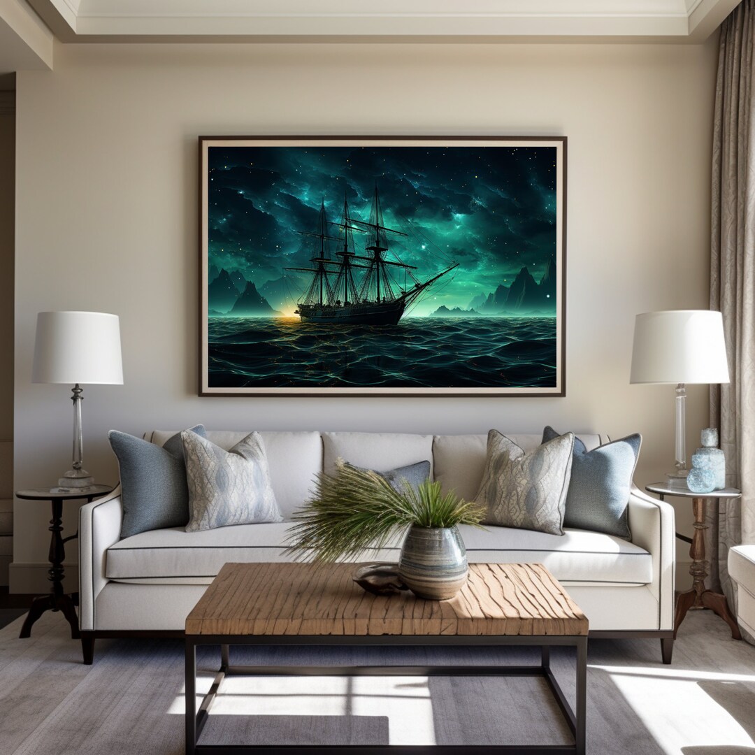 Fantasy Ship Art Starry Night Seascape Dark Emerald Cyan Nautical Decor ...