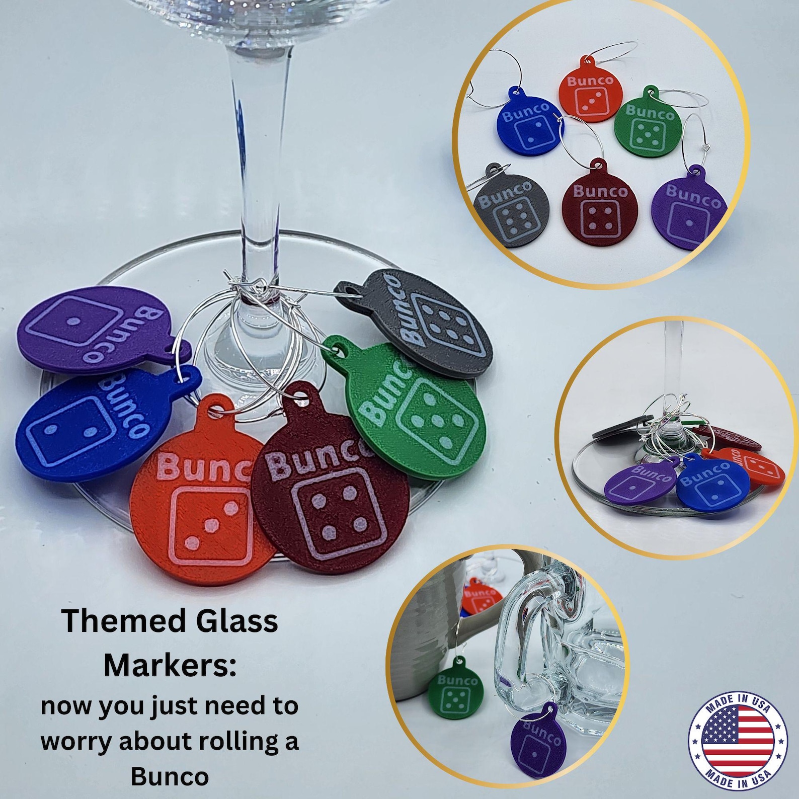 Bunco Accessories Wine Charms – Bunco Wine Dice Glass Markers Set of 6 ...