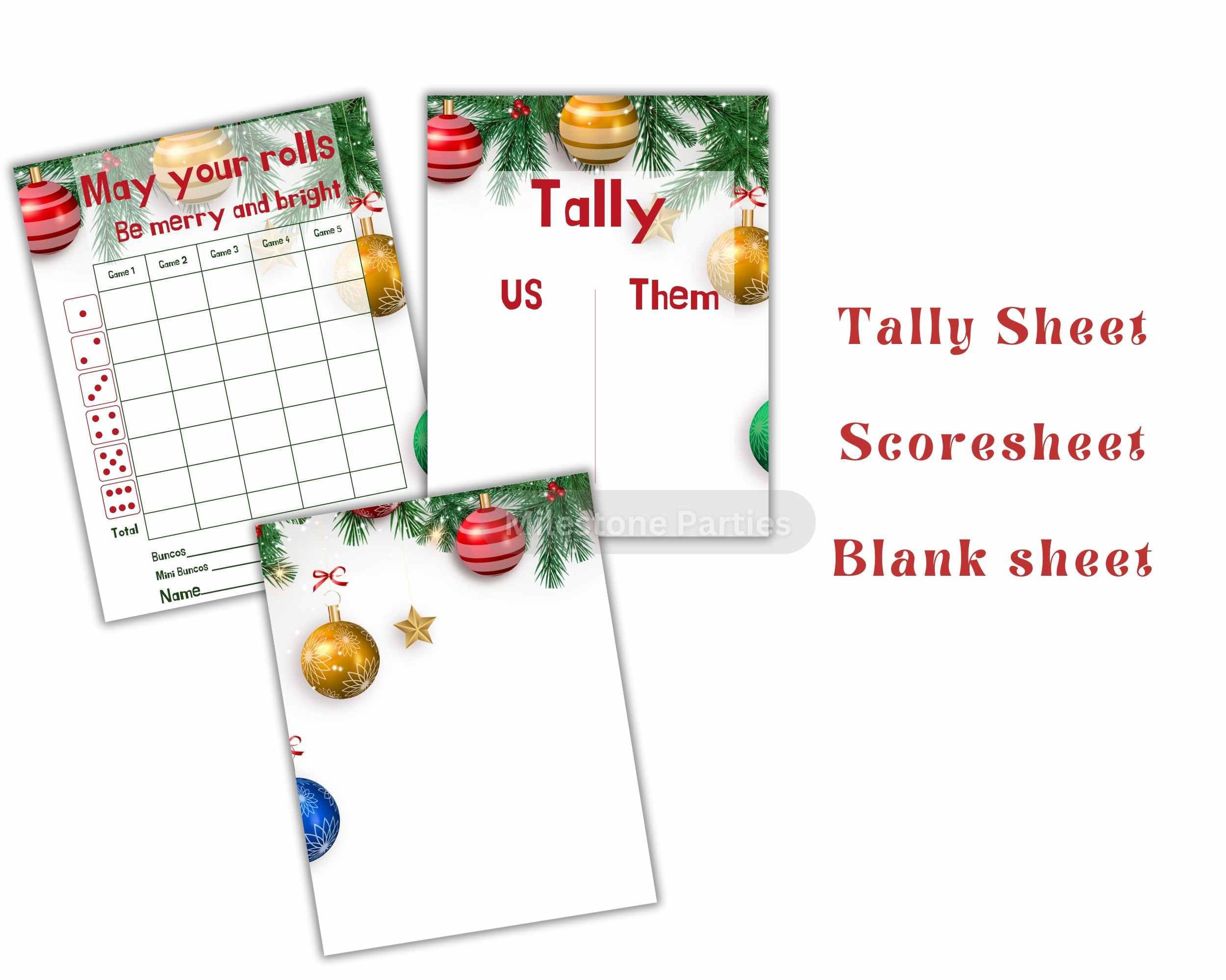 Christmas Bunco Score Sheets and Tally | December Bunco Score Cards ...
