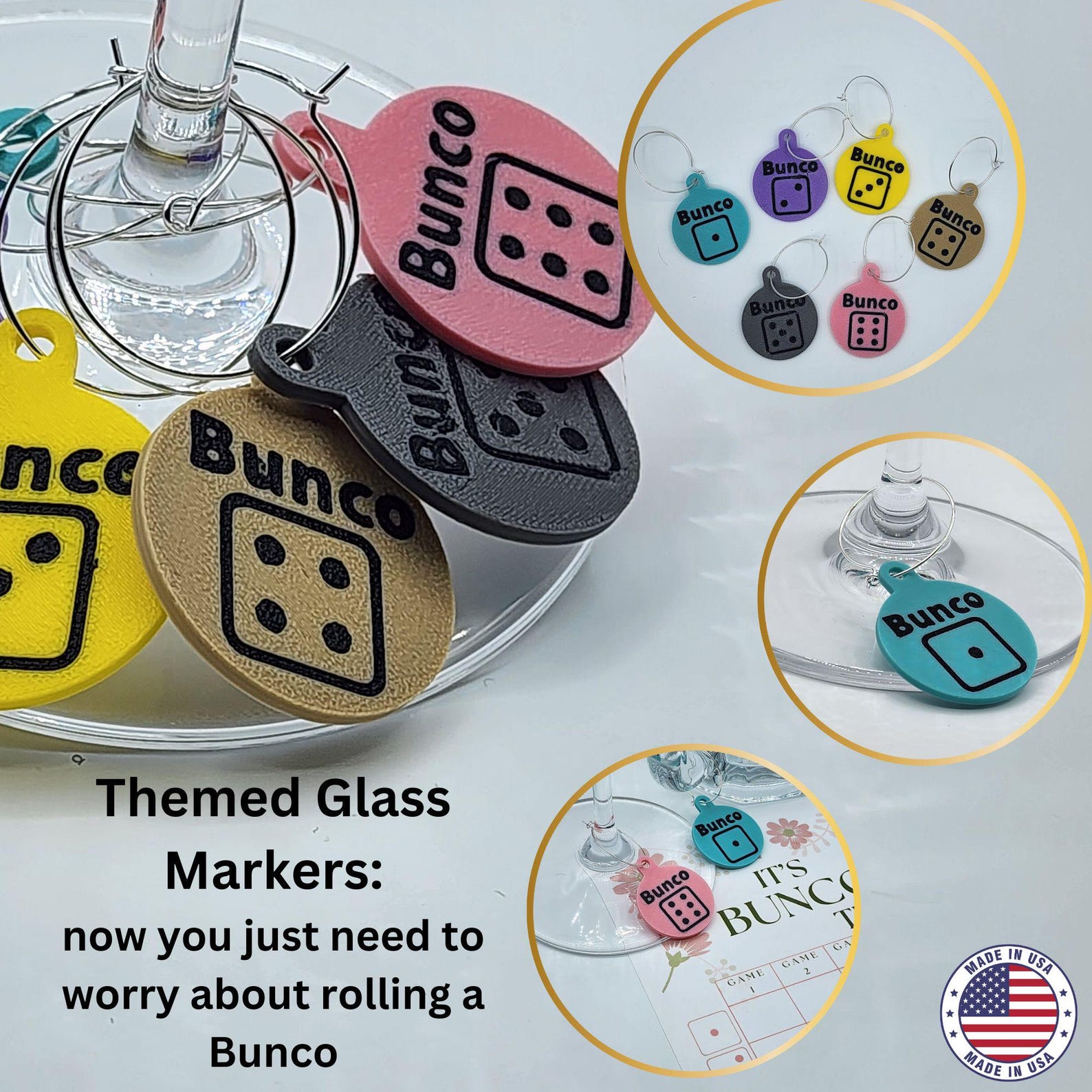 Bunco Drink Tags, Dice Glass Markers, Fun Wine Charms, Set of 6, Game ...