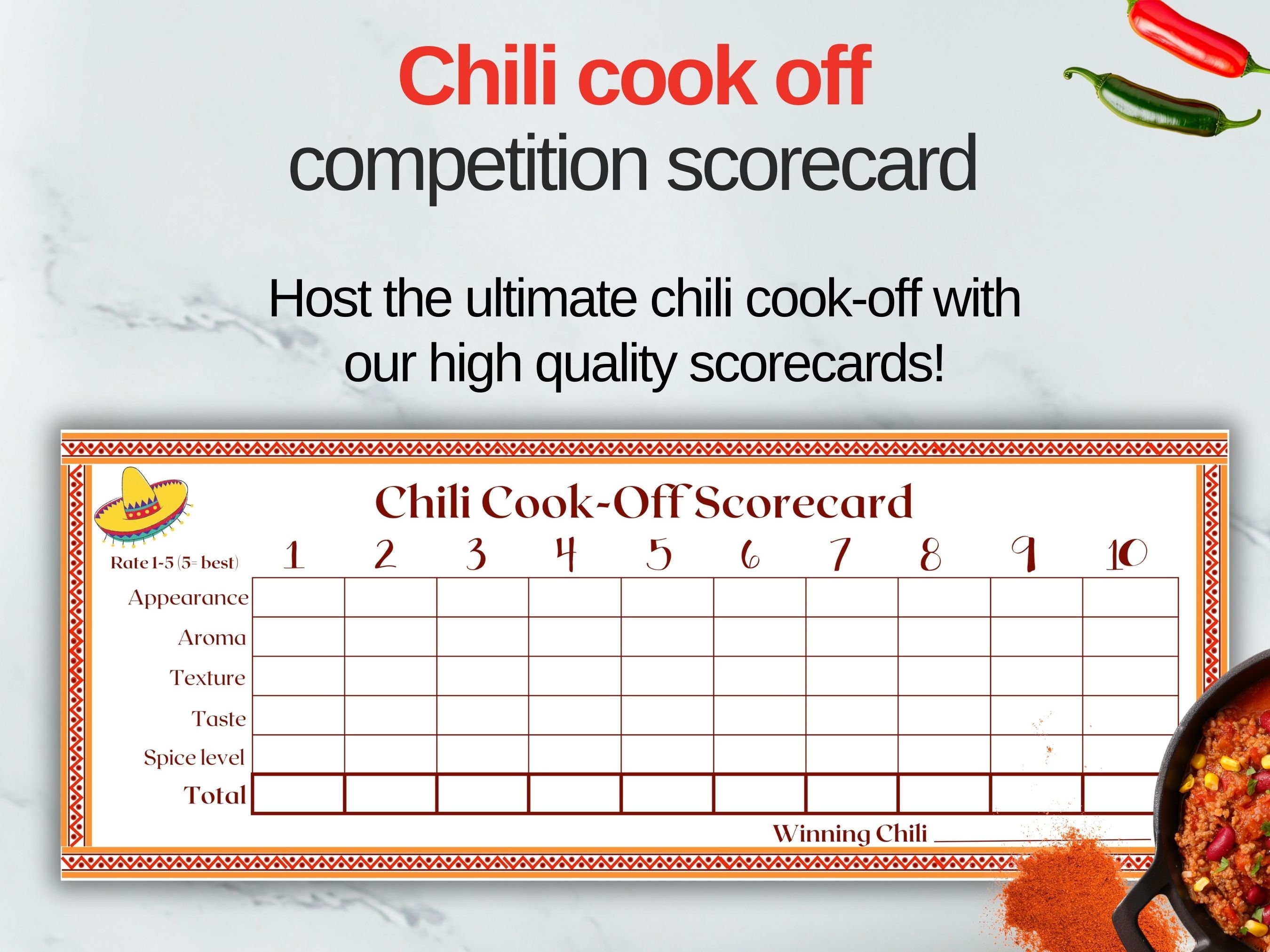 Chili Cook off Scorecard | Instant Download | Chili Competition | Chili ...