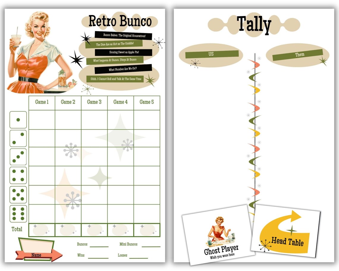 1950s Retro Bunco Scorecard and Tally Kit Bunco Score Card Girls Night ...