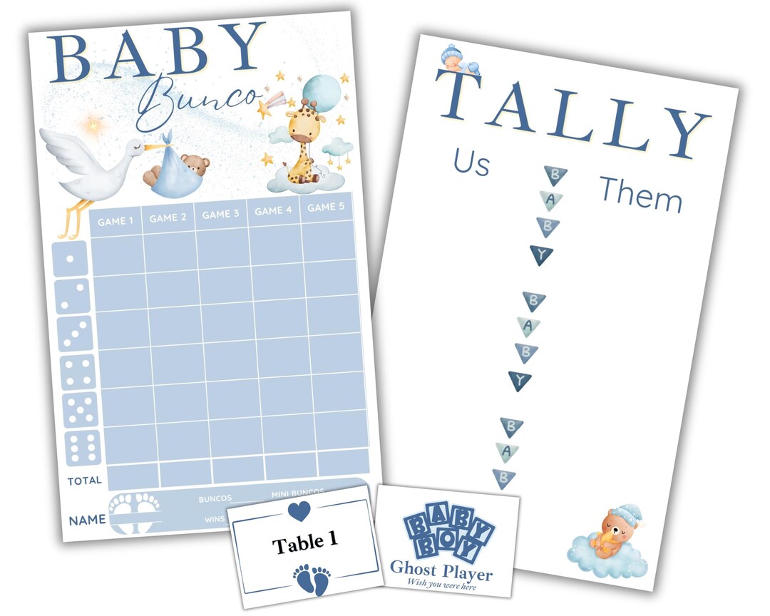 Baby Shower Bunco Score Card and Tally Set | Baby Boy Theme | Baby Blue ...
