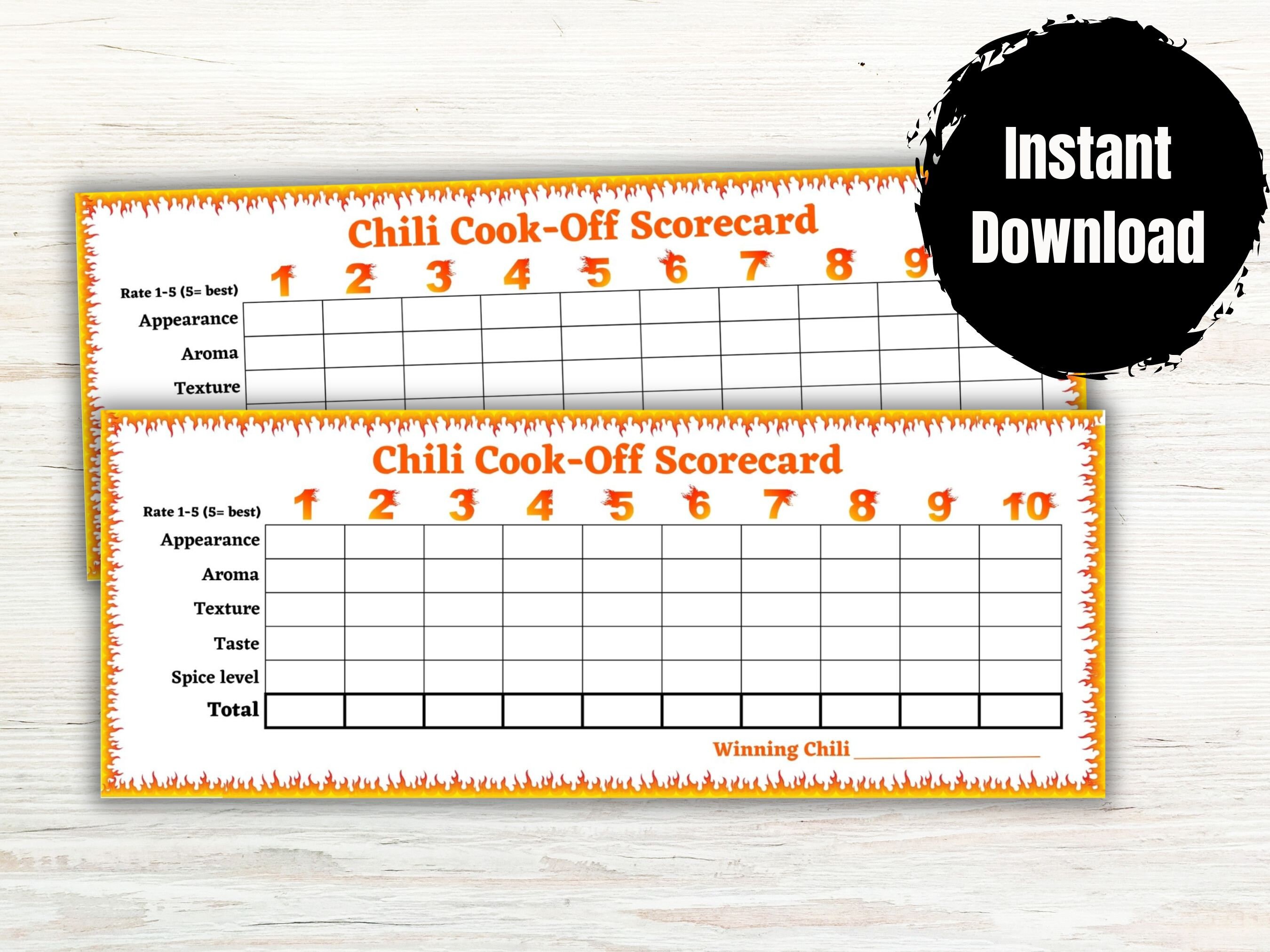 Chili Cook off Scorecard | Printable | Chili Competition | Chili ...