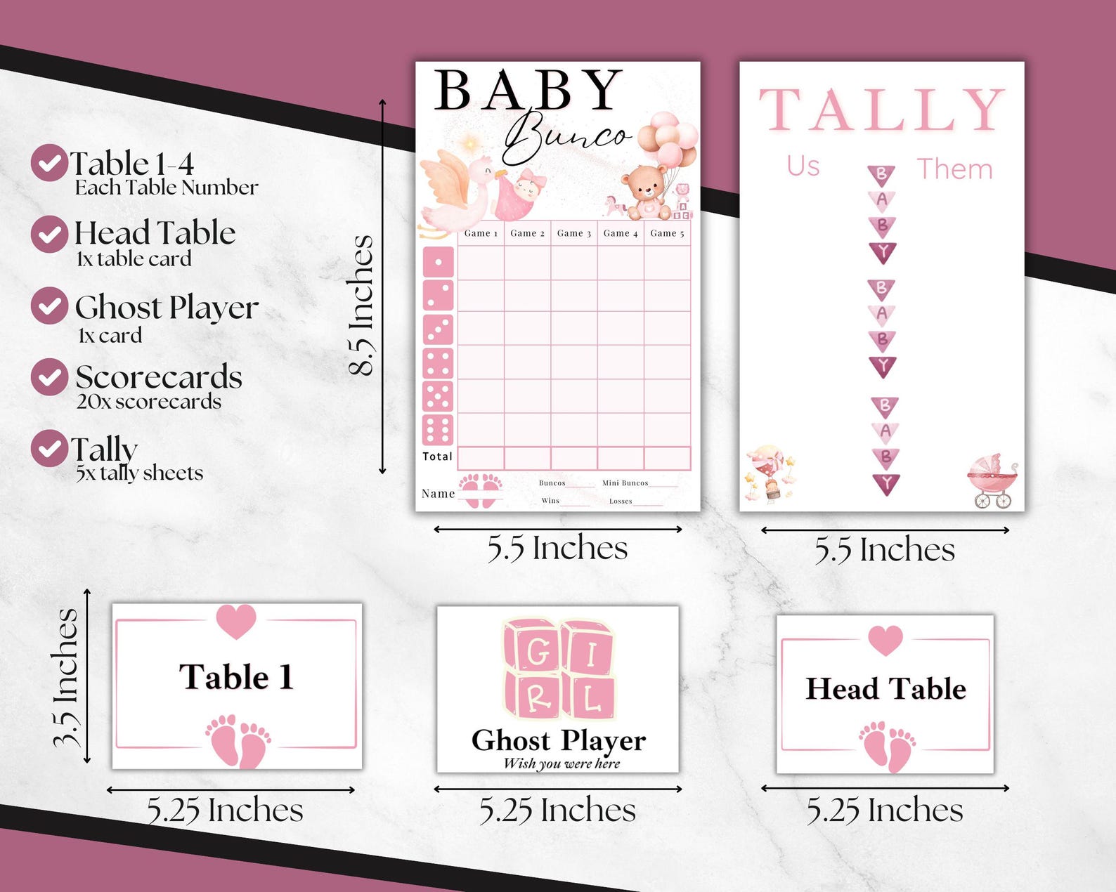 Baby Shower Bunco Score Card and Tally Set | Baby Girl Theme | Baby ...