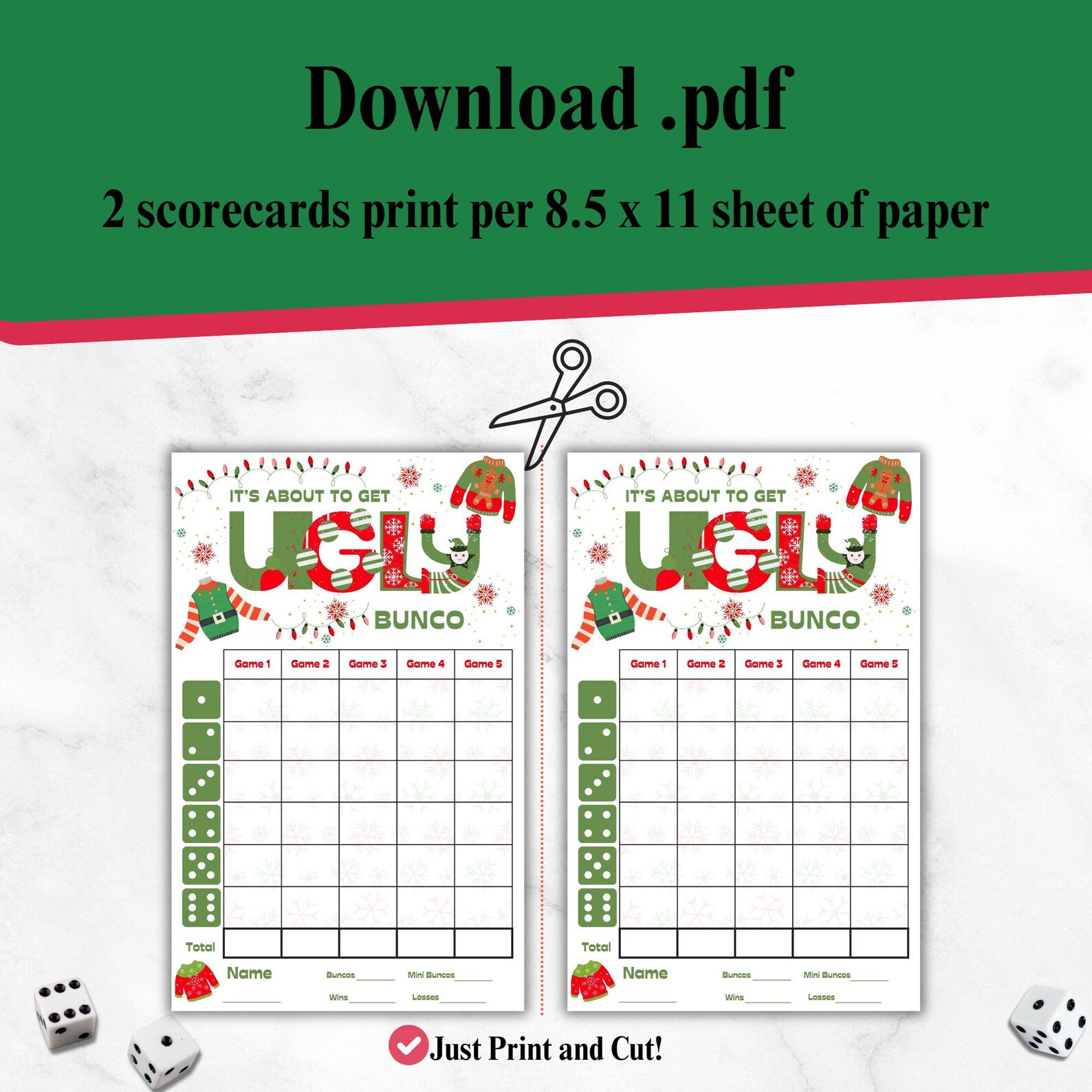 Christmas Bunco Score Sheets | Holiday Bunco Score Card | Ugly Sweater ...
