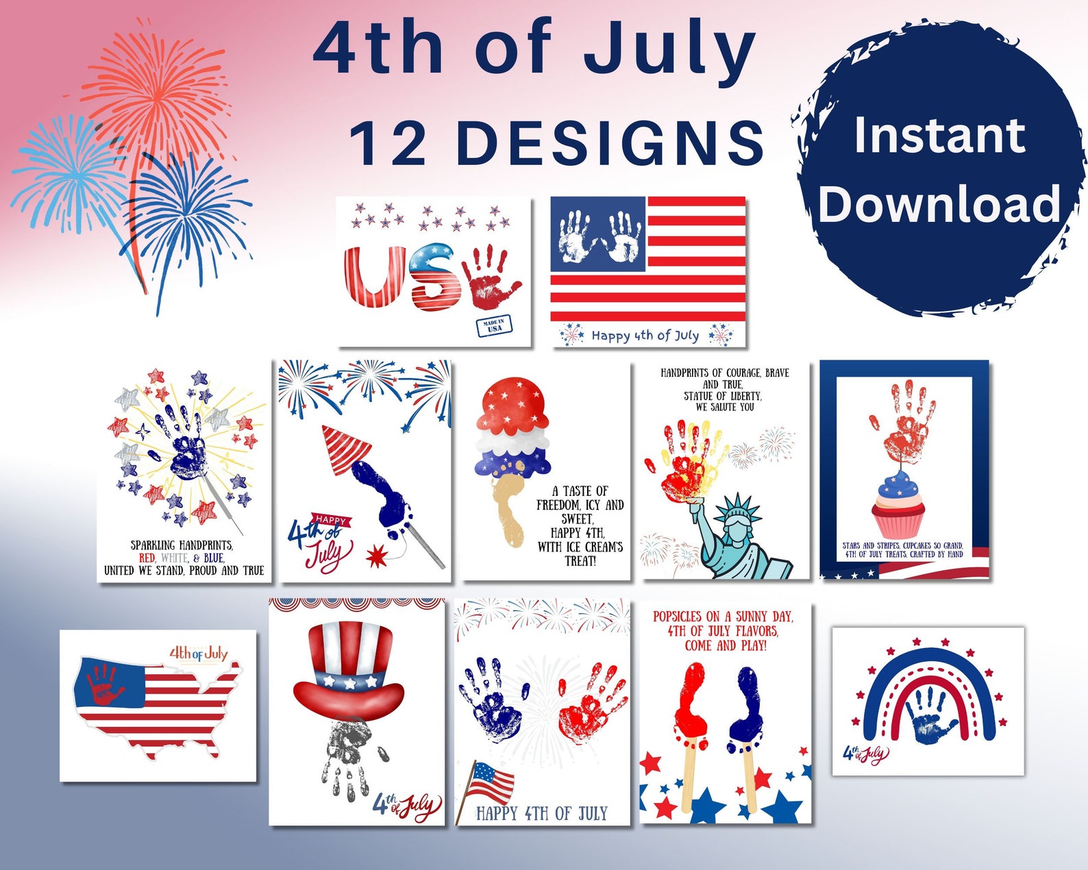 4th of July Handprint Art, Footprint Art Craft, 12 Design Bundle ...