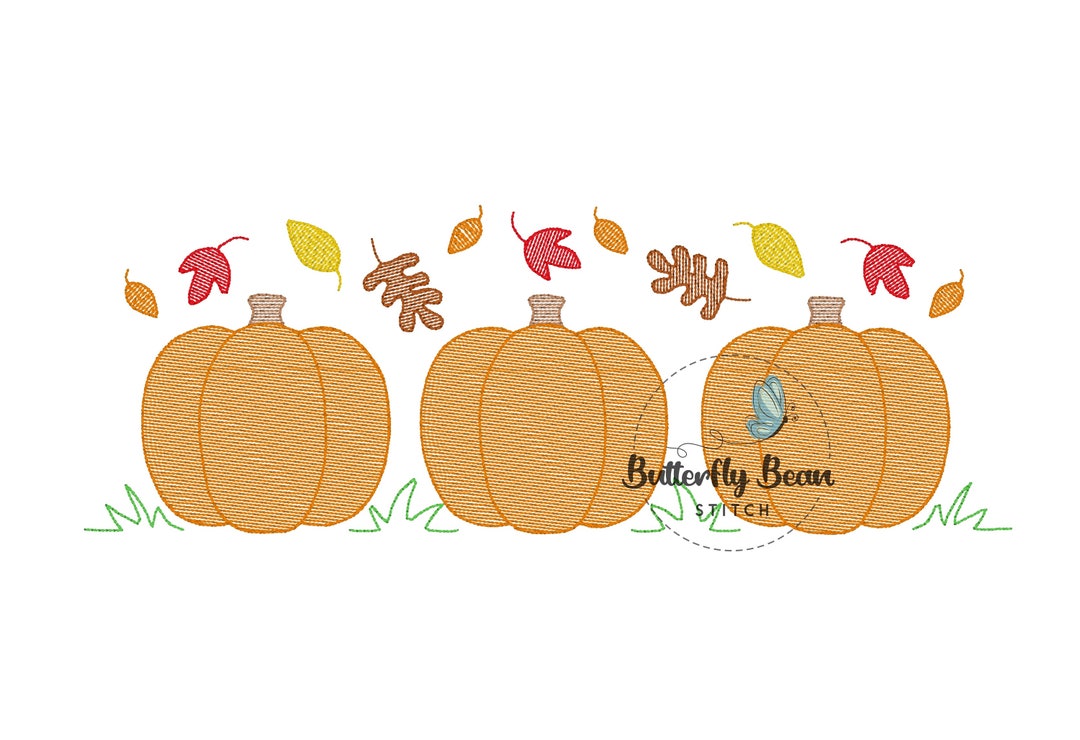 Fall Pumpkins Embroidery Design File, Pumpkin Trio Fall Leaves Sketch ...