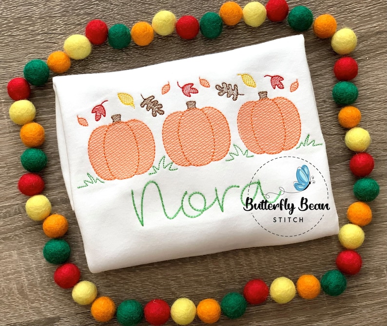 Fall Pumpkins Embroidery Design File, Pumpkin Trio Fall Leaves Sketch ...