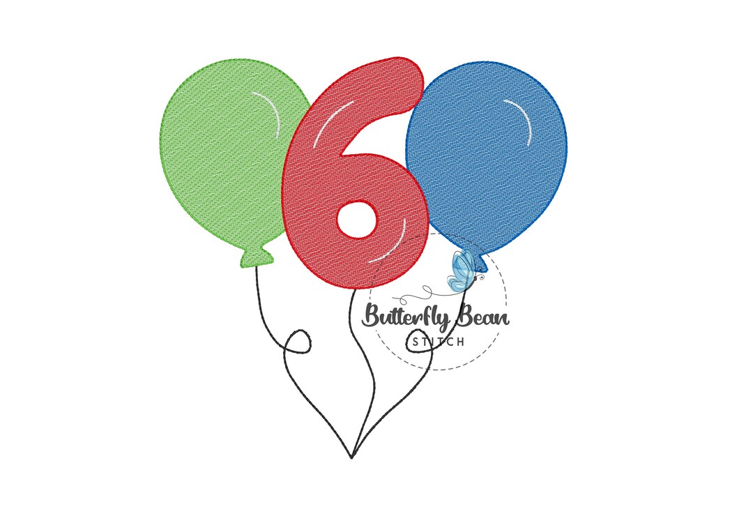 Birthday Balloons Embroidery Design File, Sixth Birthday, Machine ...